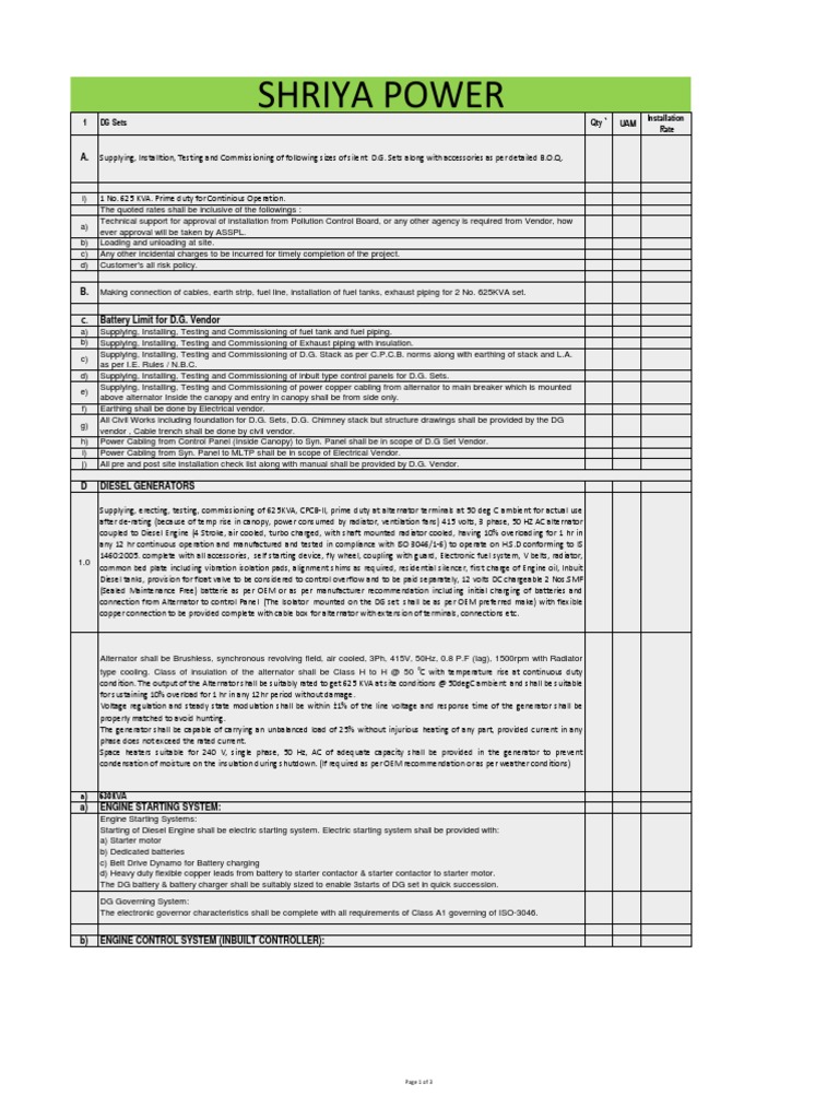 DG Sets Installation and Commissioning Project | PDF | Electric ...