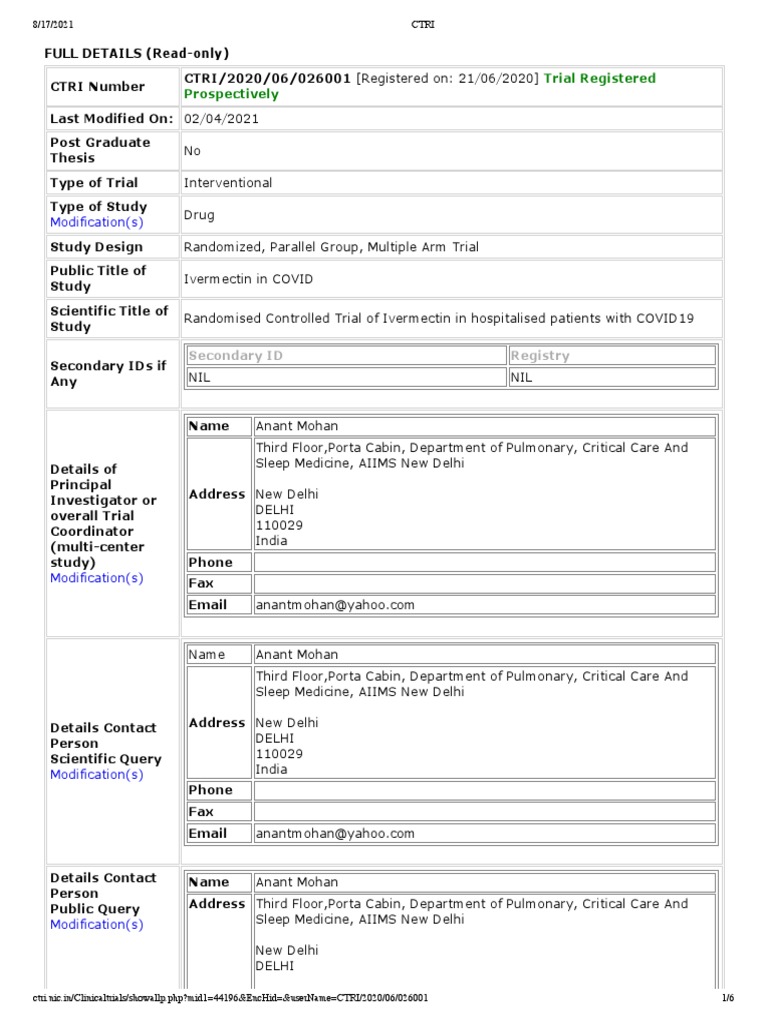 CTRI | PDF | Pharmacokinetics | Comorbidity