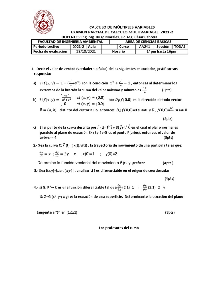 Examen Parcial de Calculo Multivariable | PDF | Cálculo multivariable | Vector Euclidiano