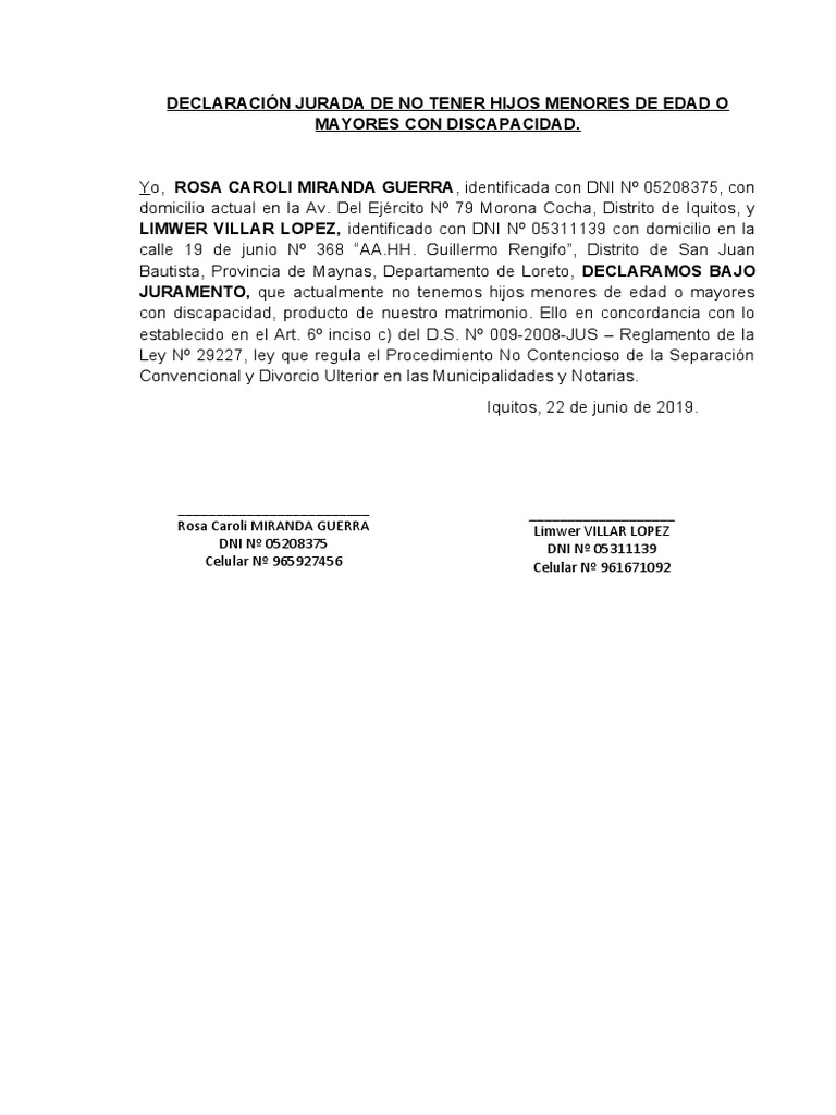 Declaración Jurada de No Tener Hijos Menores o Mayores Con Discapacidad | PDF | Derecho | Estilo ...
