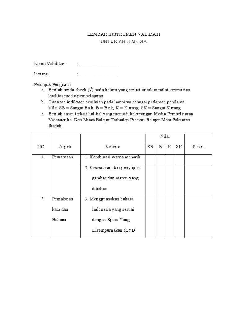 Lembar Instrumen Validasi Siti Alfiyah | PDF
