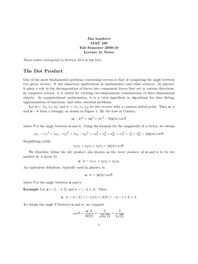 The Dot Product | Download Free PDF | Euclidean Vector | Mathematical Objects