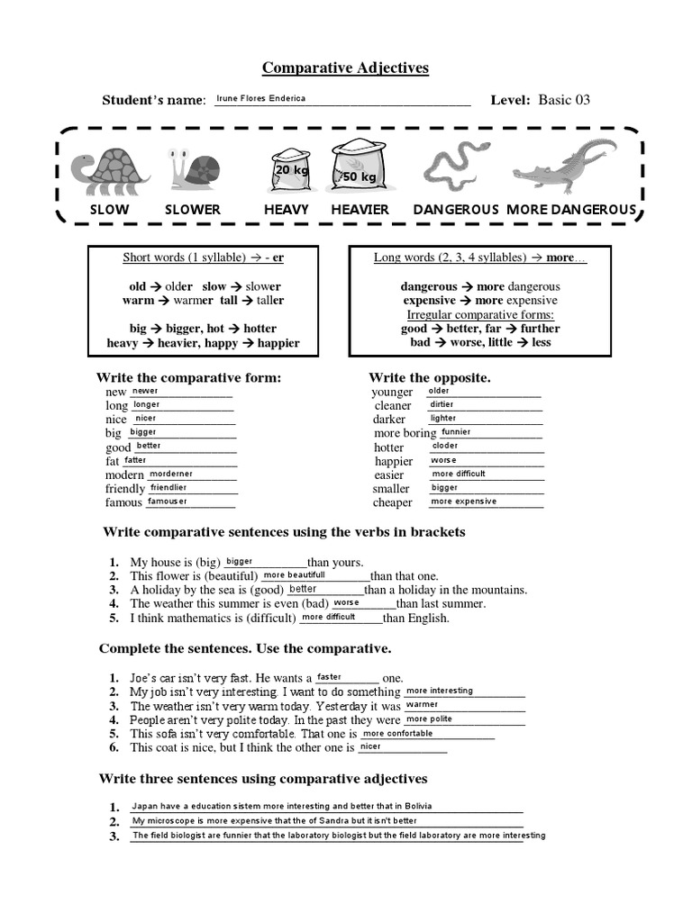 Comparative Adjectives: Slow Slower Heavy Heavier Dangerous More ...