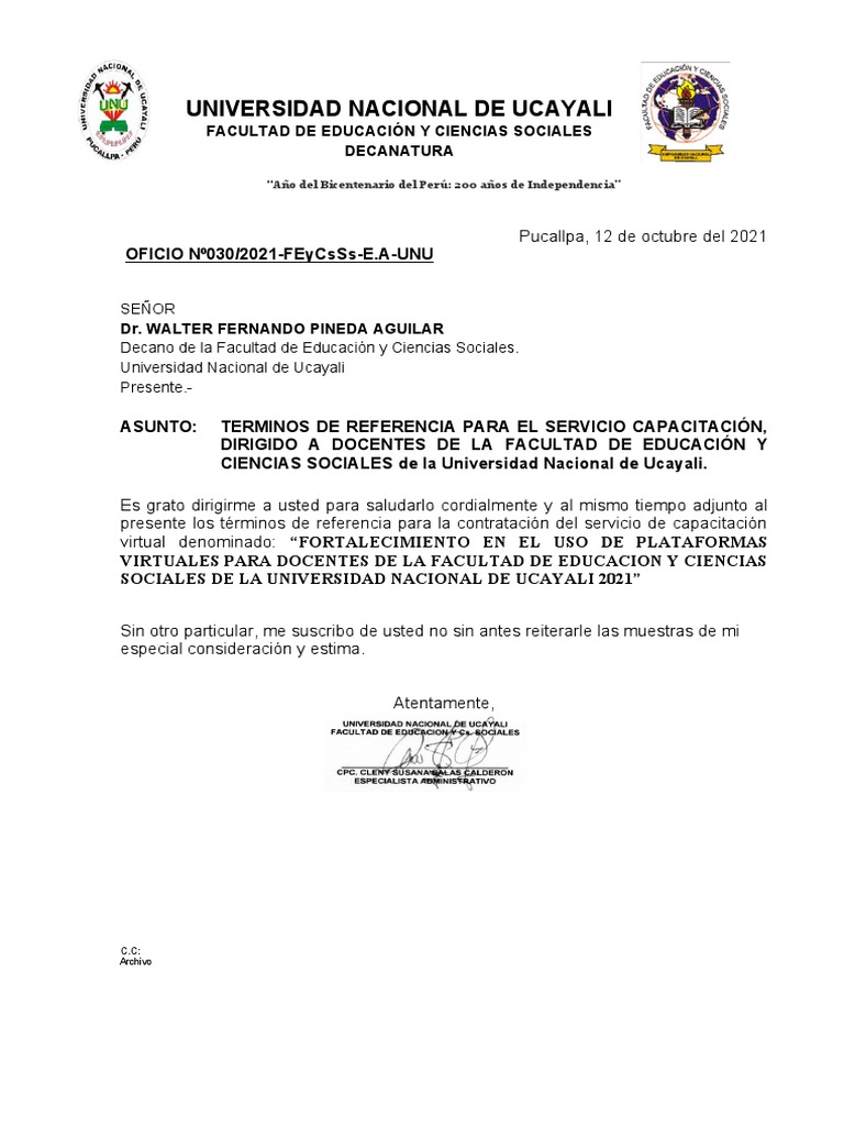 Oficio #030-2021 TDR para El Servicio de Capacitación - Meta 12 Capacitación Docente ...