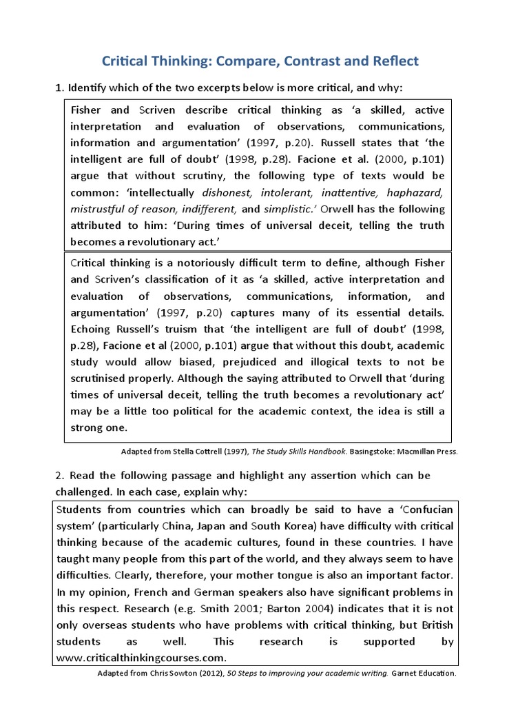 Critical Thinking: Compare, Contrast and Reflect | PDF | Critical ...