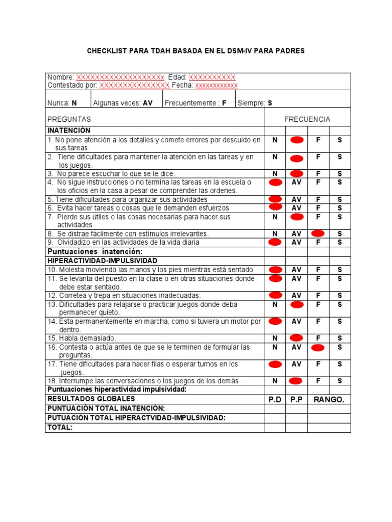 Checklist TDAH según DSM-IV para Padres | PDF | Desorden hiperactivo y ...