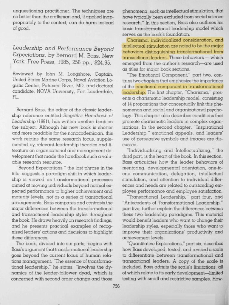 Bernard Bass 1985 Leadership and Performance Beyond Expectations, Free ...