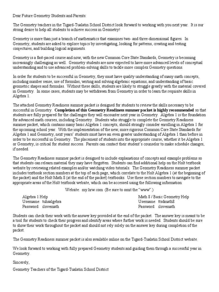 Geometry Readiness Summer Packet | PDF | Geometry | Mathematics