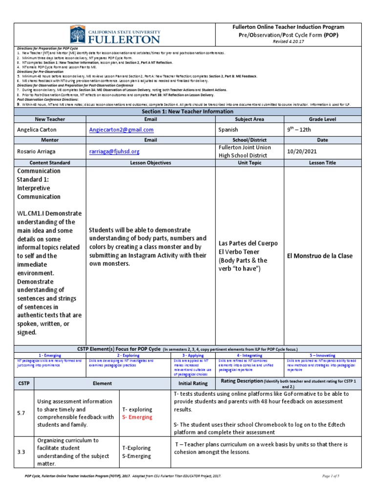 Fotip Pop Cycle Form - Sem 3 | PDF | Reading Comprehension | Teachers