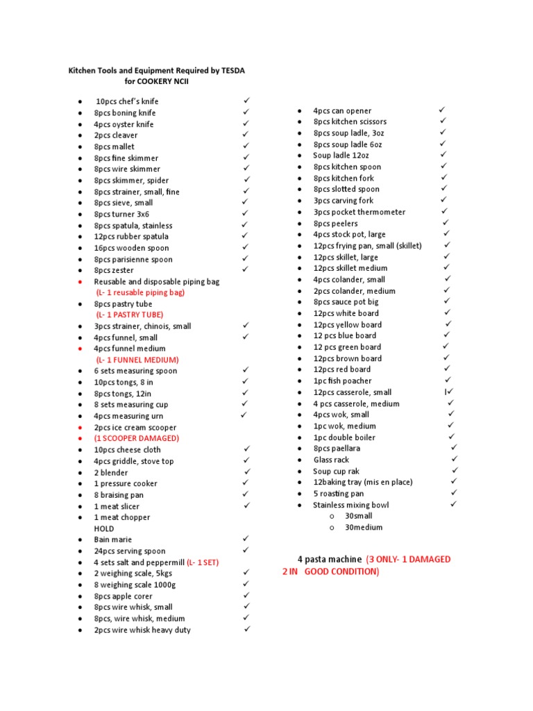 Kitchen Tools and Equipment Required by TESDA For Cookery Ncii | PDF ...