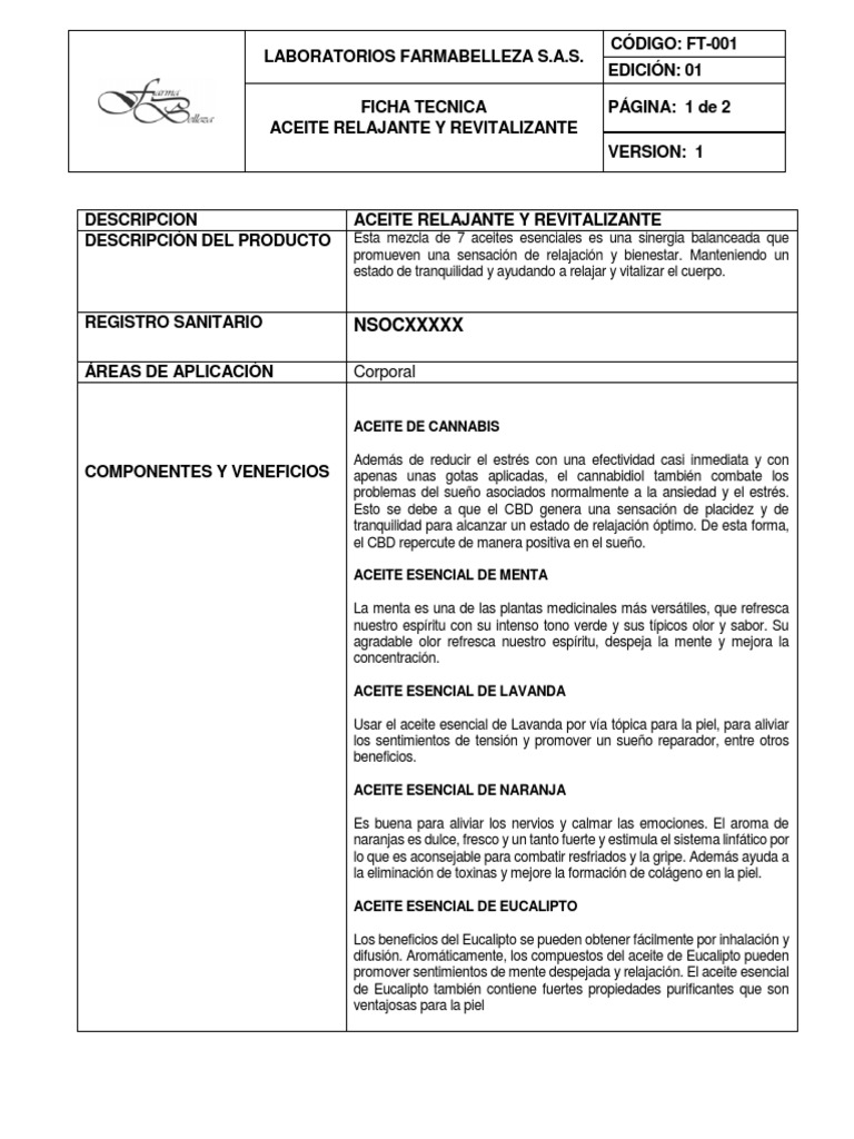 Ficha Técnica De Aceite Relajante Y Revitalizante A Base De Aceites