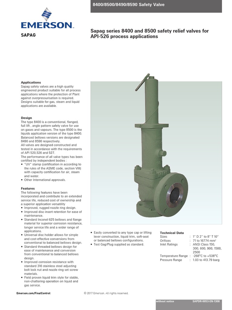 Sapag: Sapag Series 8400 and 8500 Safety Relief Valves For API-526 ...