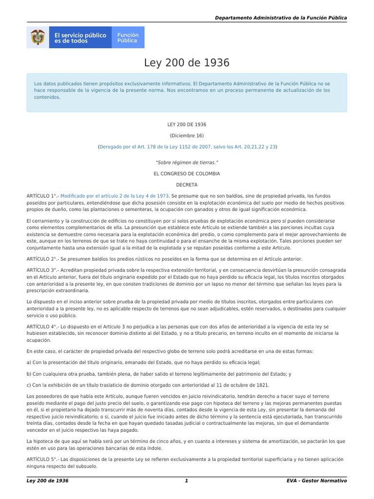 Ley - 200 - de - 1936 Ley de Tierras | PDF | Propiedad | Estatuto de limitaciones