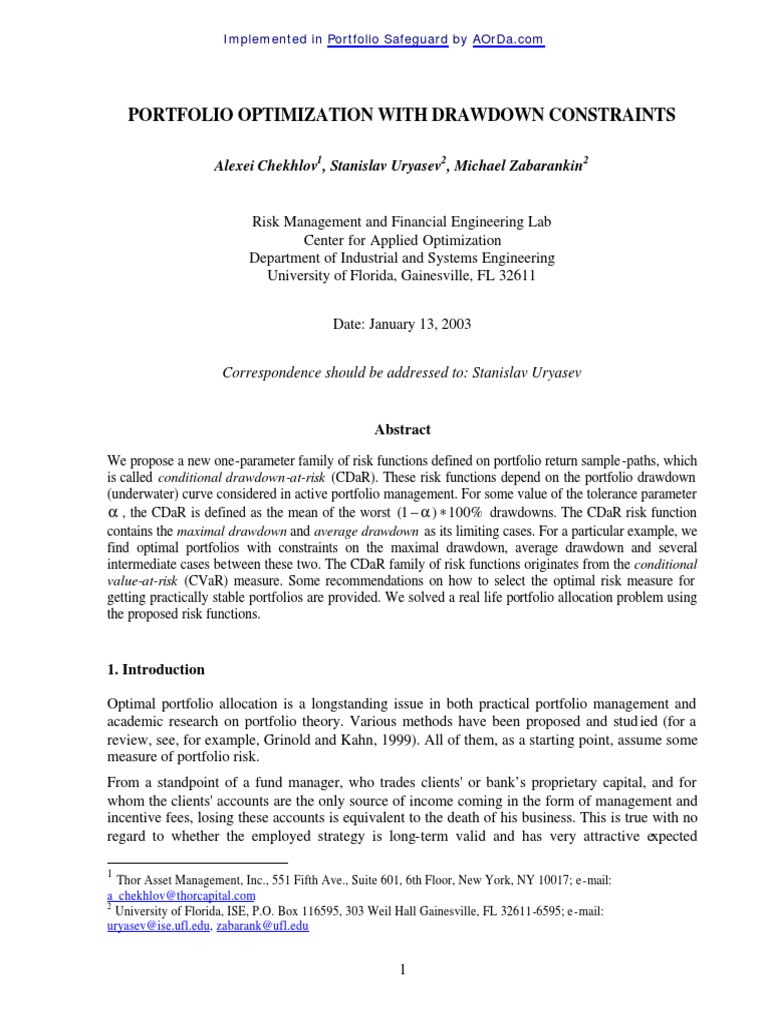 Portfolio Optimization With Drawdown Constraints: Alexei Chekhlov, Stanislav Uryasev, Michael ...