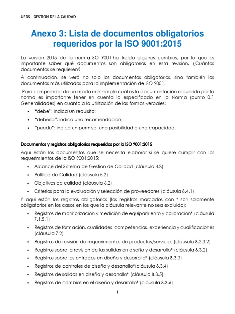 Anexo 3 Lista de Documentos Obligatorios y Requeridos Por La ISO 9001 ...