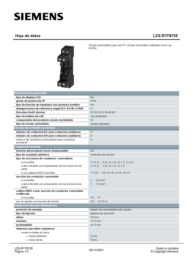 LZS RT78725 Datasheet Es | PDF | Relé | Equipo