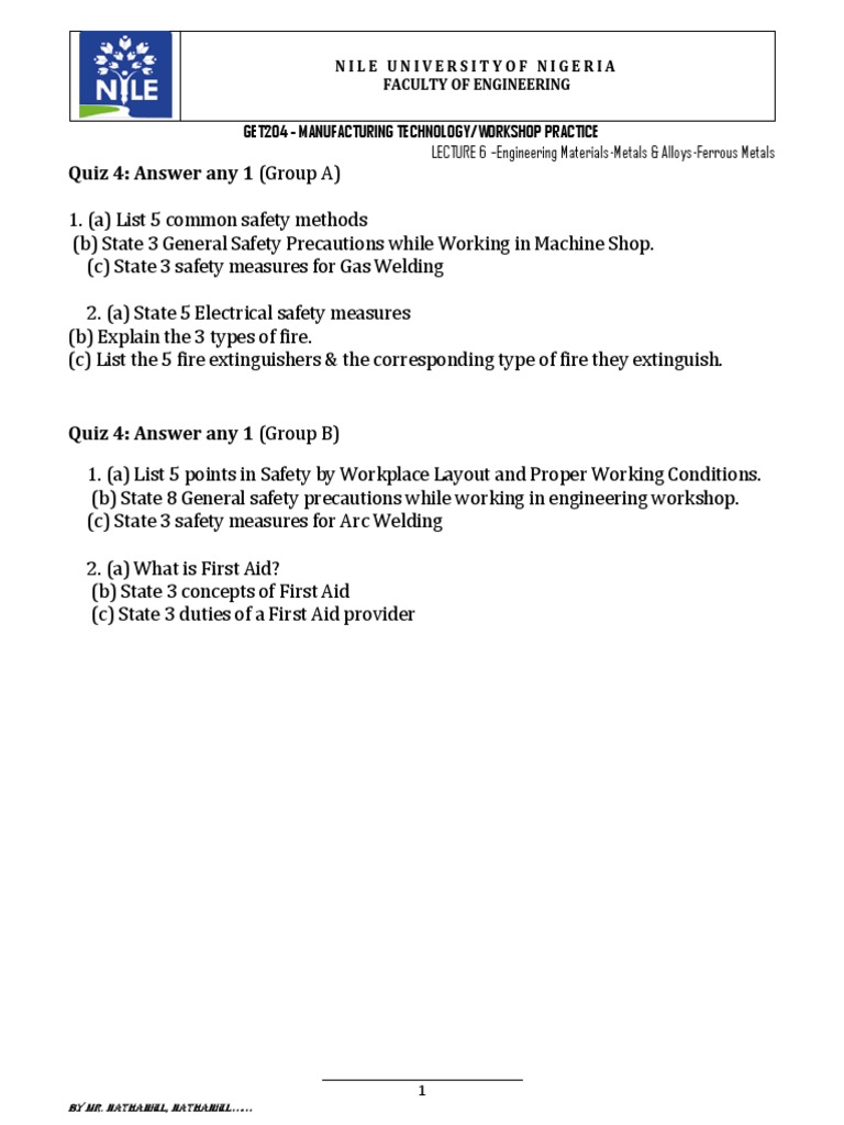 Quiz 4: Answer Any 1 (Group A) : Get204 - Manufacturing Technology ...