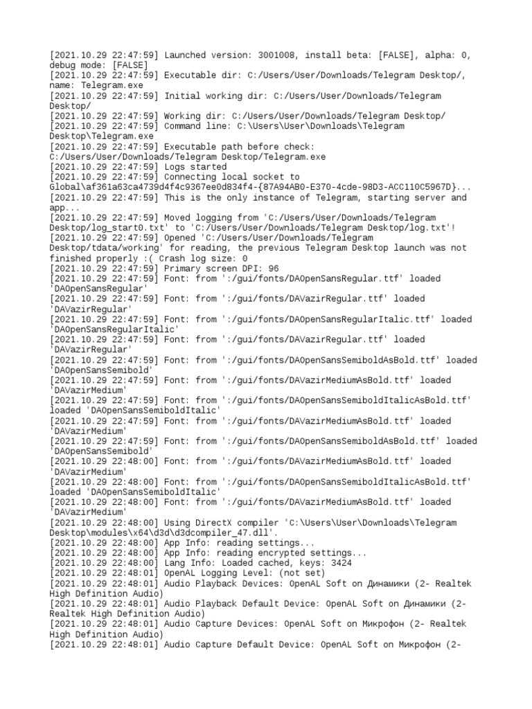 Telegram Desktop Launch Log Recording Initialization, Audio Device Recreation, and Font Loading ...