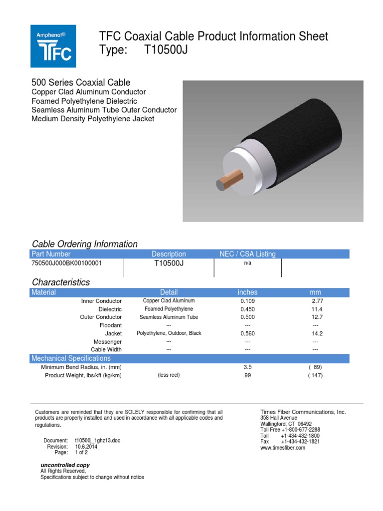 TFC Coaxial Cable Product Information Sheet Type: T10500J | PDF ...