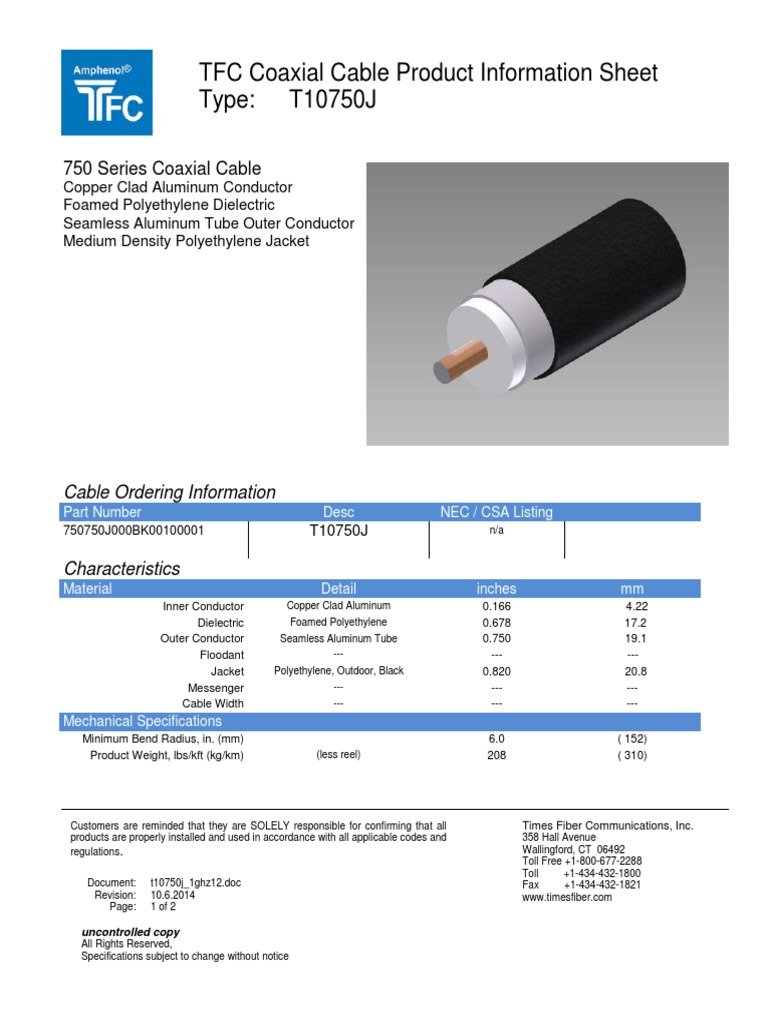 TFC 750 Series Coaxial Cable Spec Sheet | PDF | Coaxial Cable | Equipment