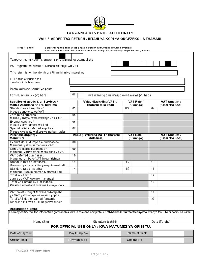 Tanzania Monthly VAT Return Form | PDF | Value Added Tax | Services ...