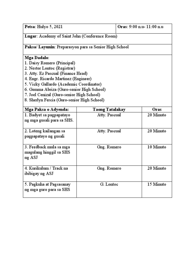 Halimbawa NG Adyenda | PDF