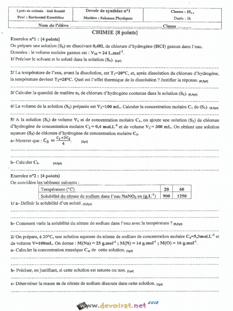 Devoir de Synthèse N°1 Avec Correction - Sciences Physiques - 1ère AS (2017-2018) MR BARHOUMI ...