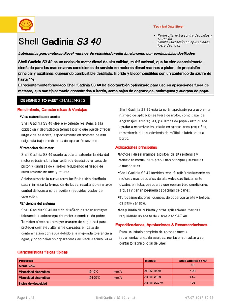 Ficha Tecnica Shell Gadinia S3 40 | PDF | Motor diesel | Engranaje