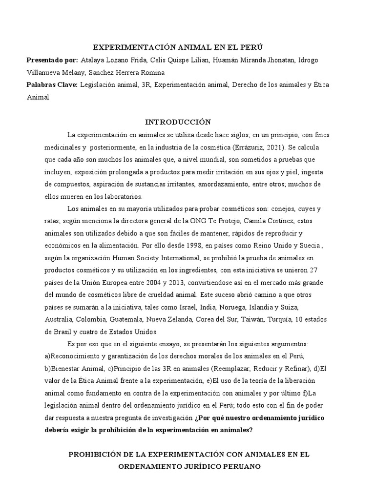 Ensayo Experimentación Animal en El Perú | PDF | Derechos animales ...