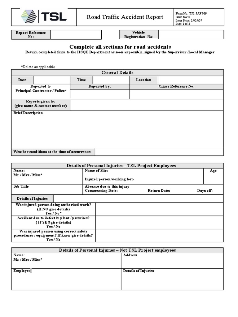 TSL SAF 019 Road Traffic Accident Report | PDF | Traffic Collision ...