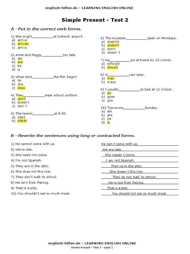 Simple Present - Test 2: A - Put in The Correct Verb Forms | PDF