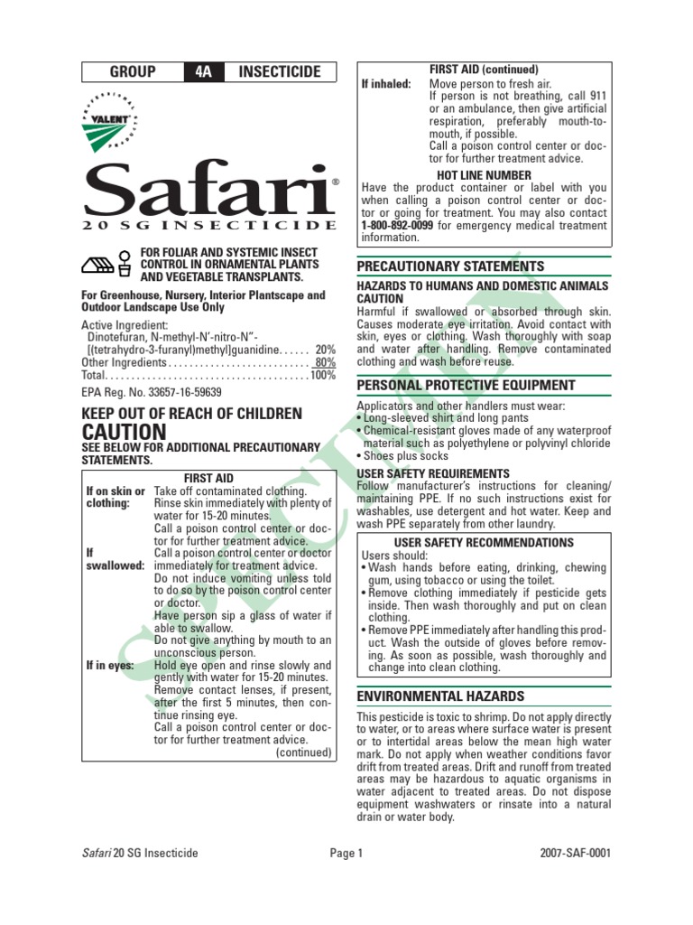 Label - Safari Insecticide - USA - 2007-SAF-0001 Safari 20 SG - Form ...