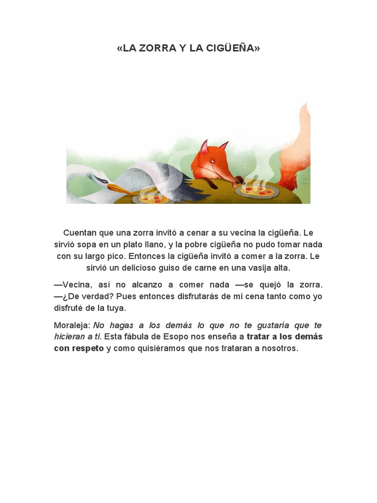 Fabula LA ZORRA Y LA CIGÜEÑA | PDF