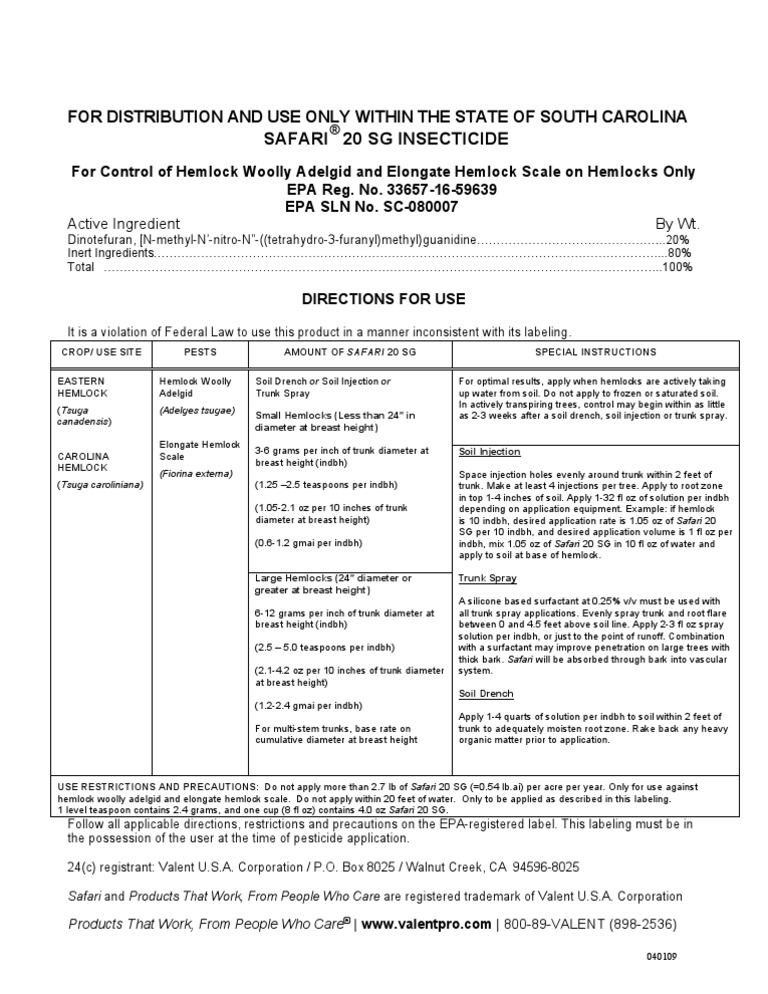 Label - Safari Insecticide - USA - SC-080007 Safari Control of HWA On ...