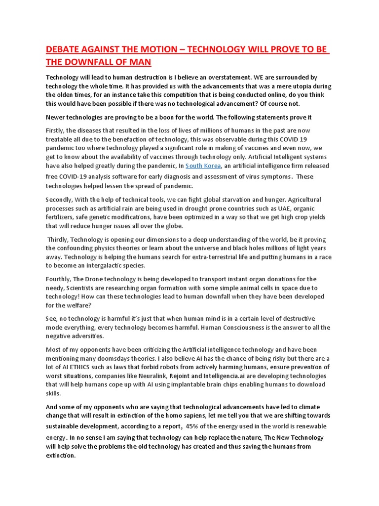 Debate Against The Motion - Technology Will Prove To Be The Downfall of ...