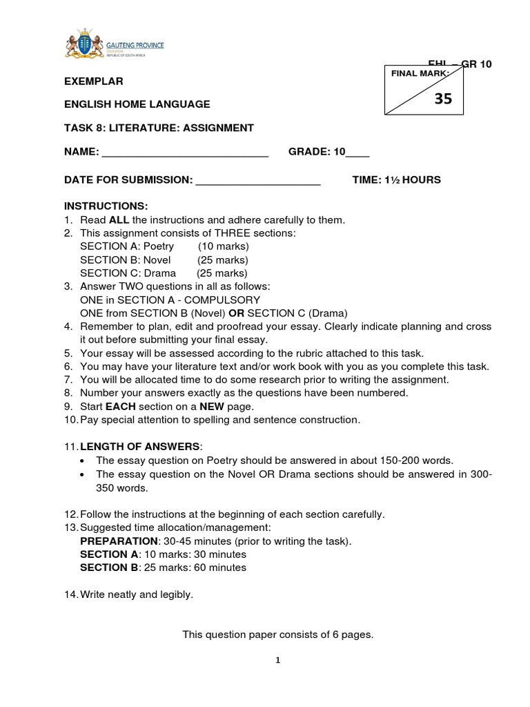 GR 10 SBA - TASK 8 Literature Assignment - Learner's Task QP | PDF ...