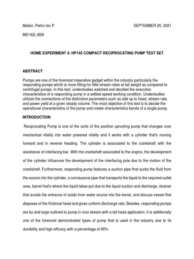 Home Experiment 4: Hp145 Compact Reciprocating Pump Test Set | PDF ...