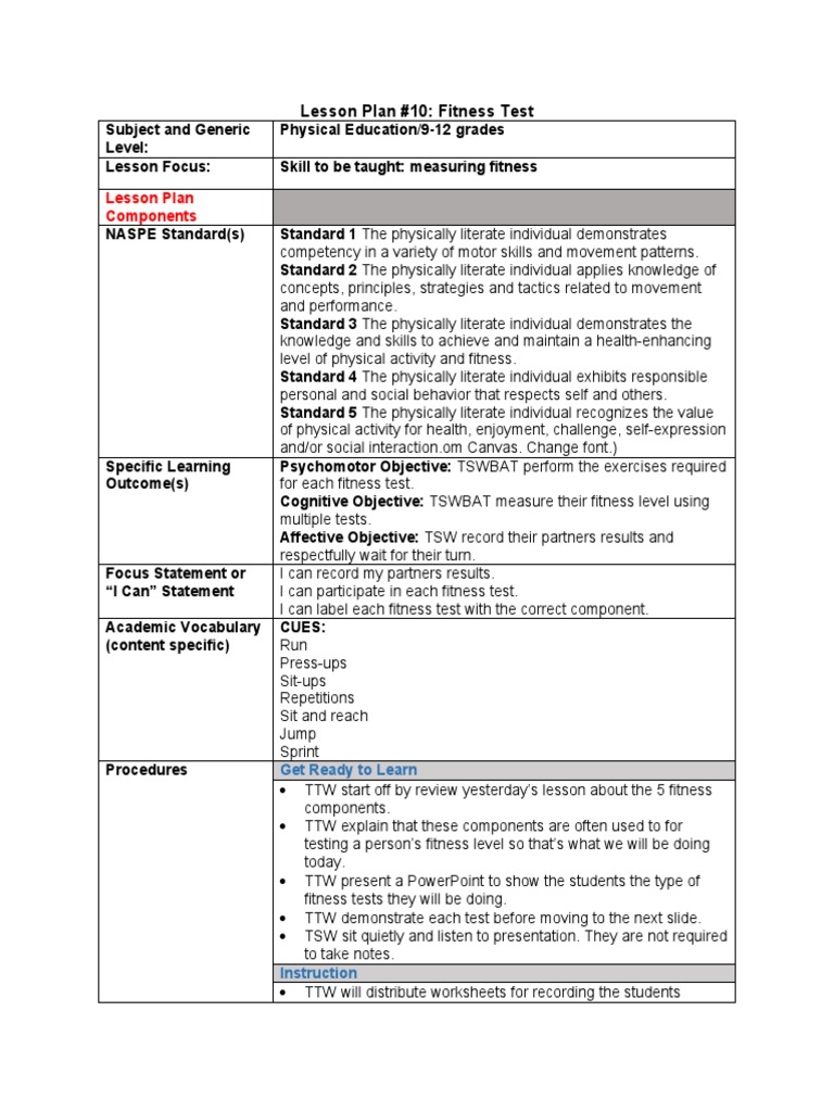 Lesson Plan #10: Fitness Test | Download Free PDF | Lesson Plan ...