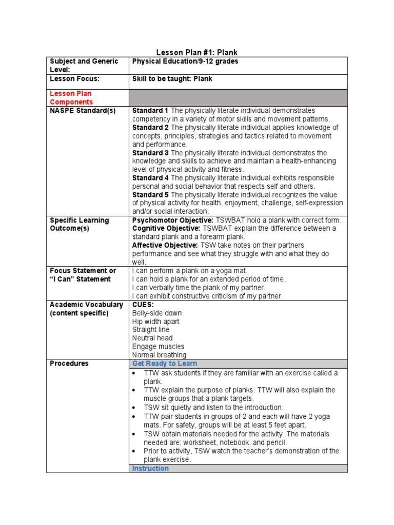 Lesson Plan #1 of Unit | PDF | Lesson Plan | Physical Education