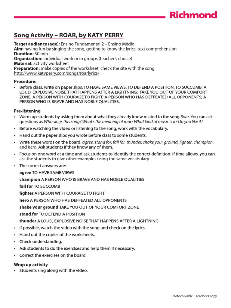 Song Activity - ROAR, by KATY PERRY: Photocopiable - Teacher's | PDF Song Activity - ROAR, by KATY PERRY: Photocopiable - Teacher's | PDF