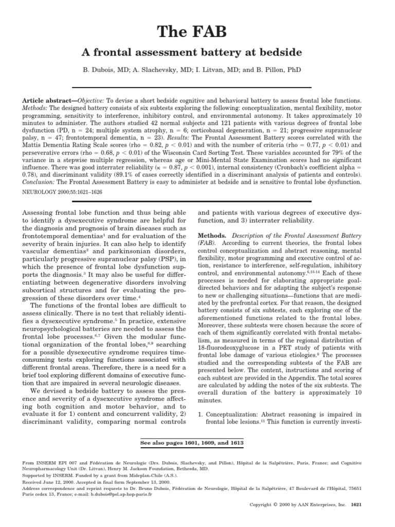Control 2. The Fab - A Frontal Assessment Battery at Bedside | PDF ...