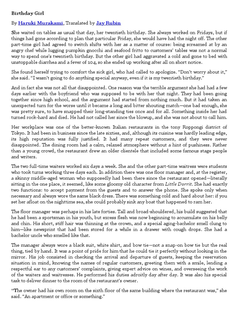 Birthday Girl - Haruki Murakami | PDF | Waiting Staff | Restaurants