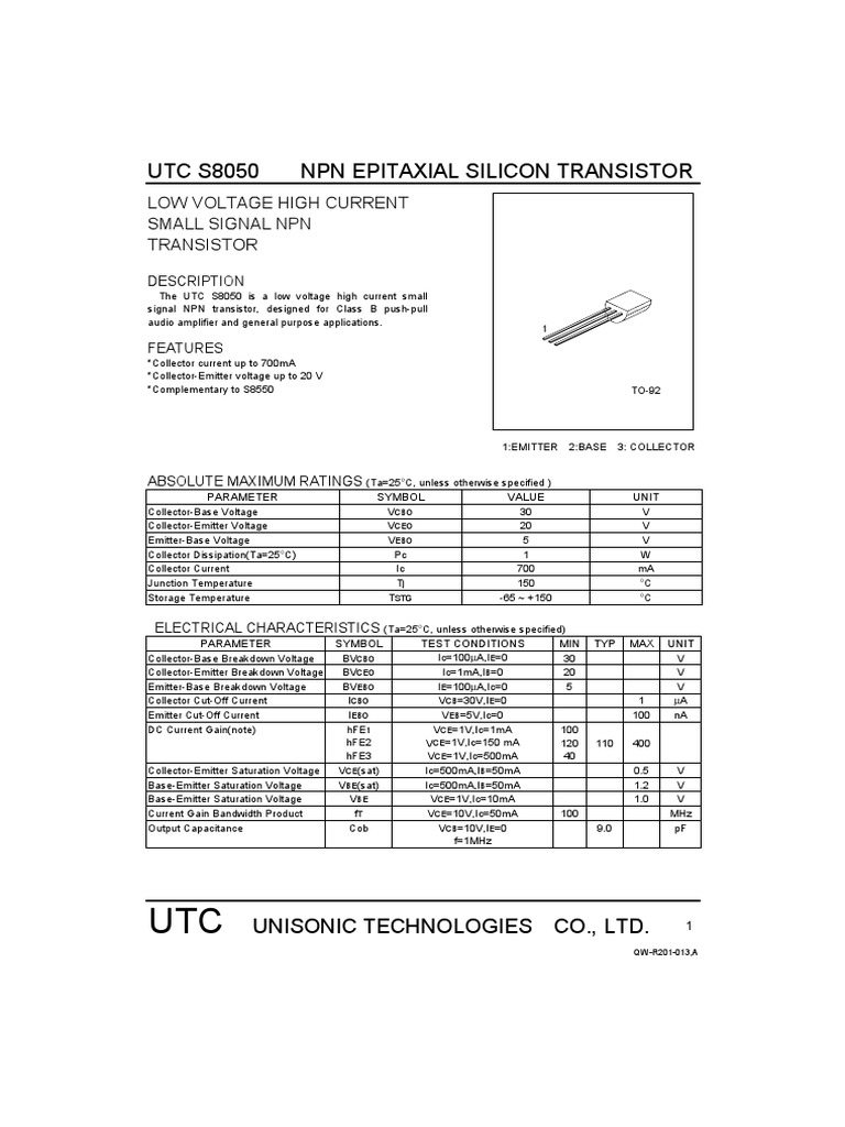 NPN Transistor s8050 | PDF | Bipolar Junction Transistor | Electrical Components