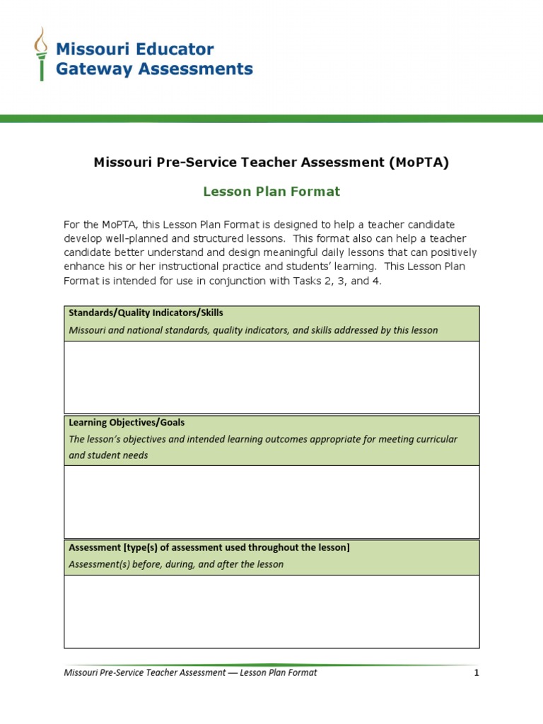Missouri Pre-Service Teacher Assessment (Mopta) : Lesson Plan Format ...