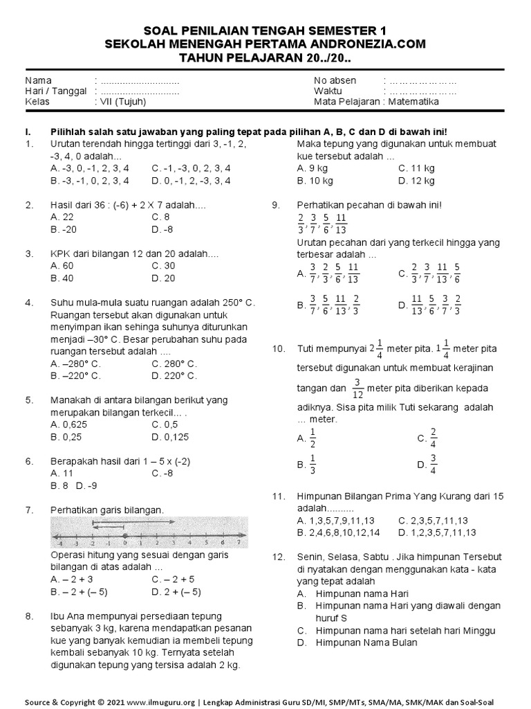 Soal PTS Matematika Kelas VII Semester 1 | PDF | Metode & Bahan Ajar