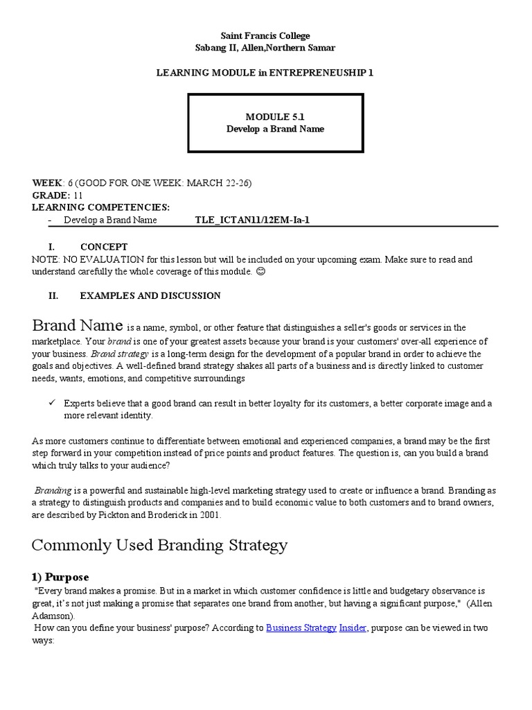 Entrep Module Week 5.1 | PDF | Brand | Brand Management