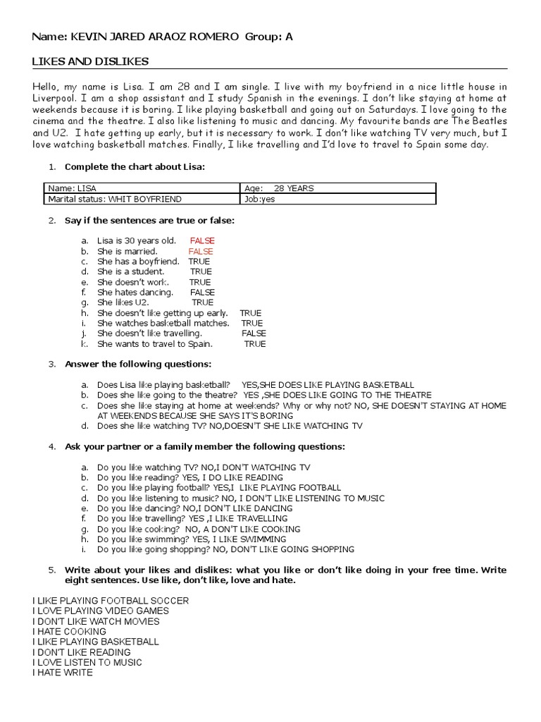 Likes and Dislikes - Reading Comprehension. | PDF