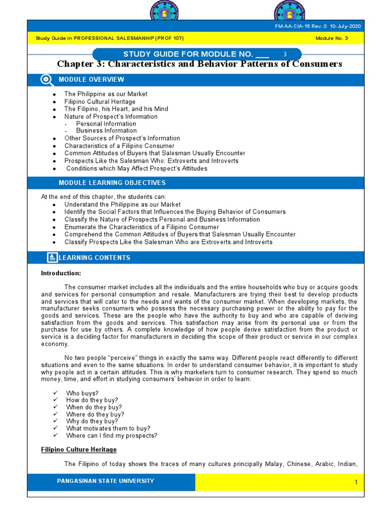 Study Guide Module 3 Characteristics and Behavior Patterns of Consumers | PDF | Behavior | Sales