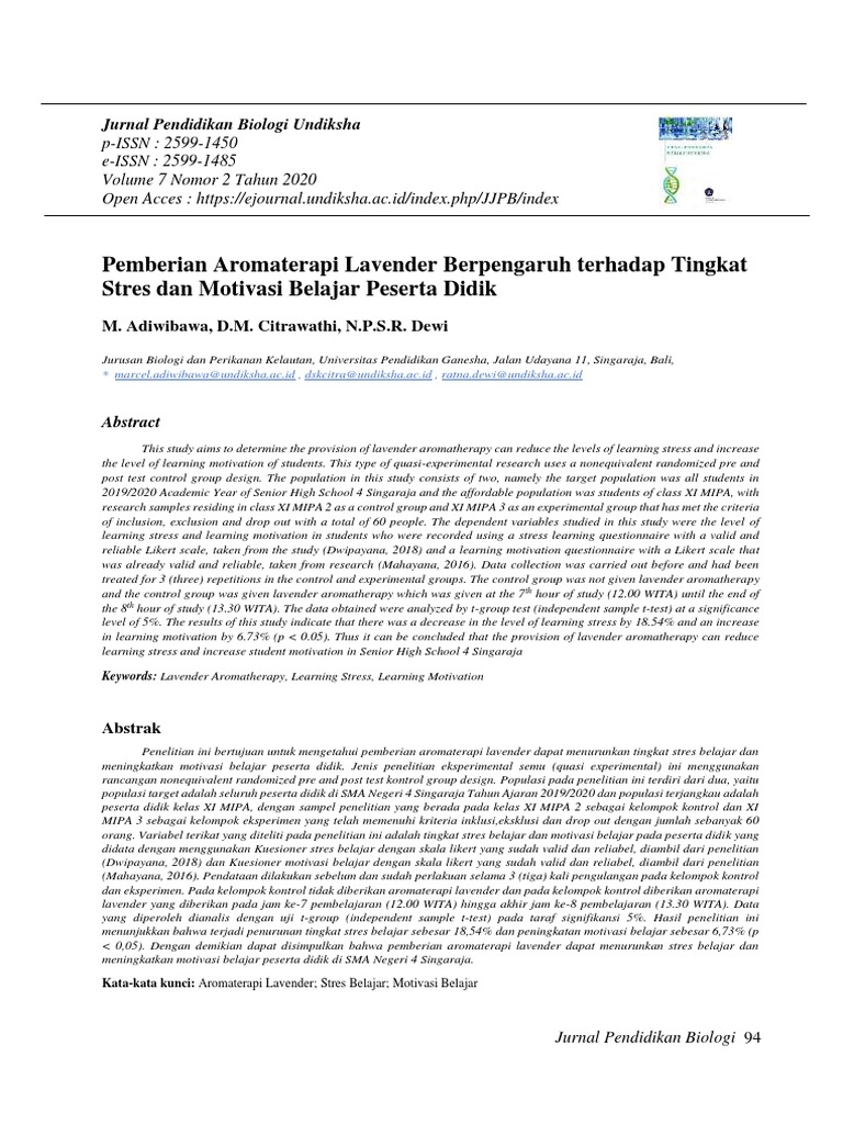 Pemberian Aromaterapi Lavender Berpengaruh Terhadap Tingkat Stres Dan Motivasi Belajar Peserta ...
