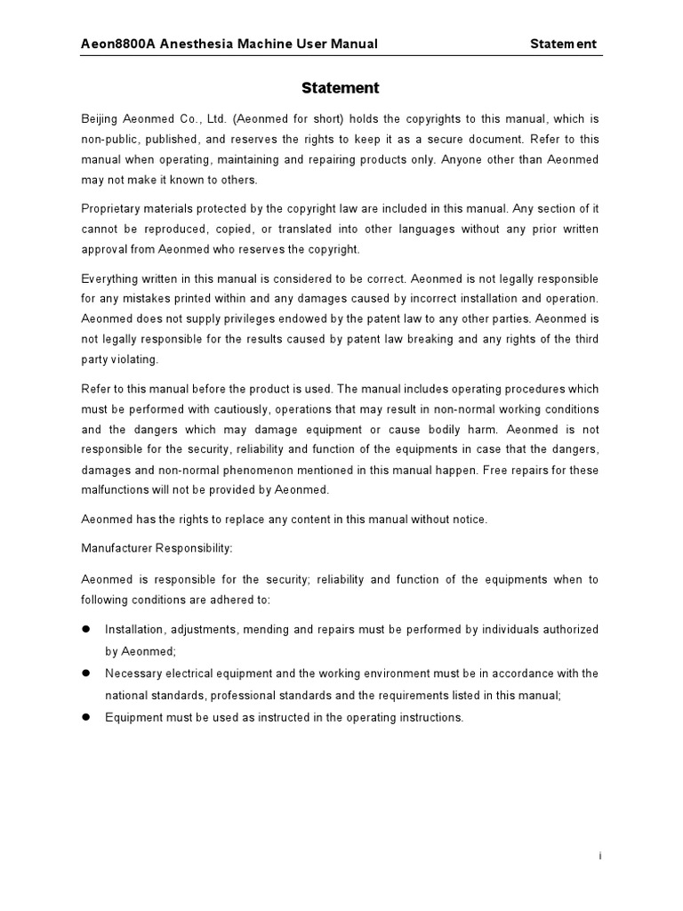 Aeon8800A User Manual | PDF | Anesthesia